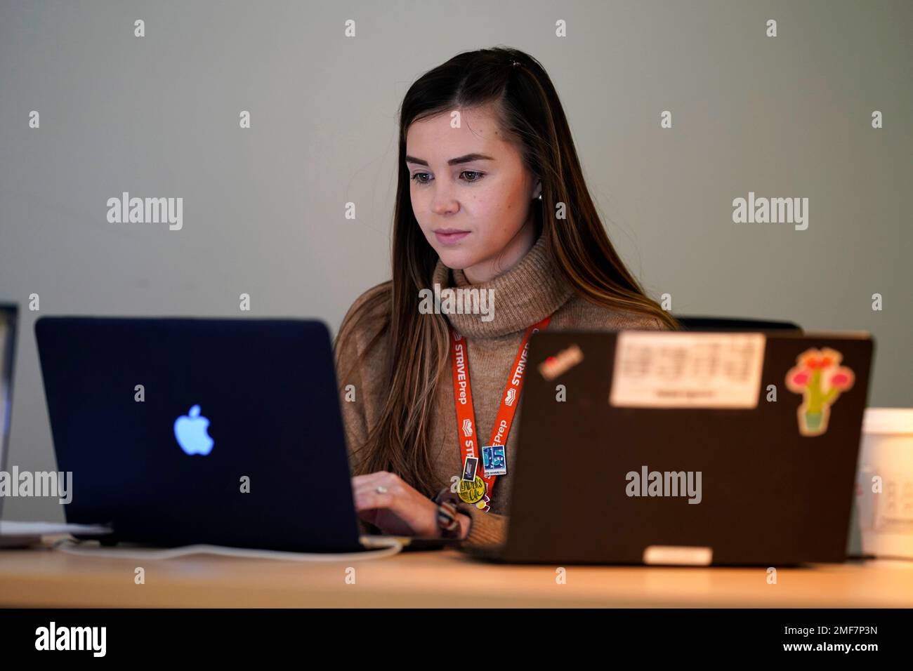High school teacher Cristin Espinoza works in her classroom at Strive ...