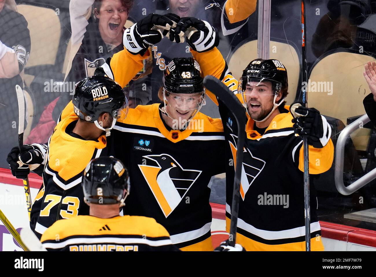 Pittsburgh Penguins' Danton Heinen (43) celebrates his goal against the ...