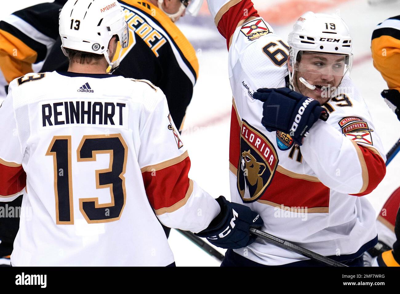 Florida Panthers' Matthew Tkachuk (19) begins to celebrate after ...