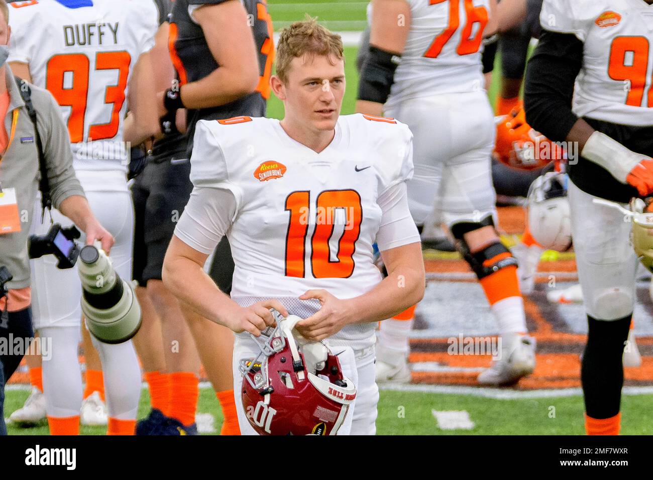 American Team quarterback Mac Jones of Alabama (10) walks the field ...