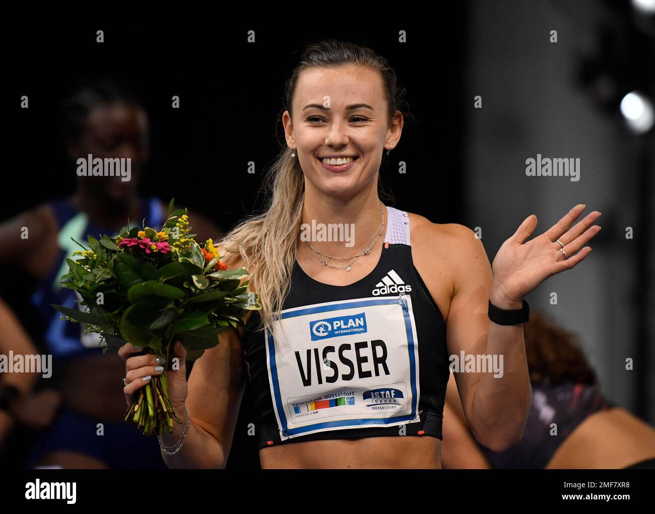 Nadine Visser of the Netherlands waves to the media after winning the ...