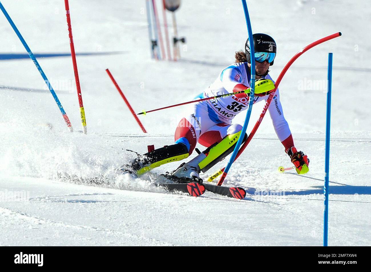 Switzerland's Sandro Simonet speeds down the course during an alpine ...