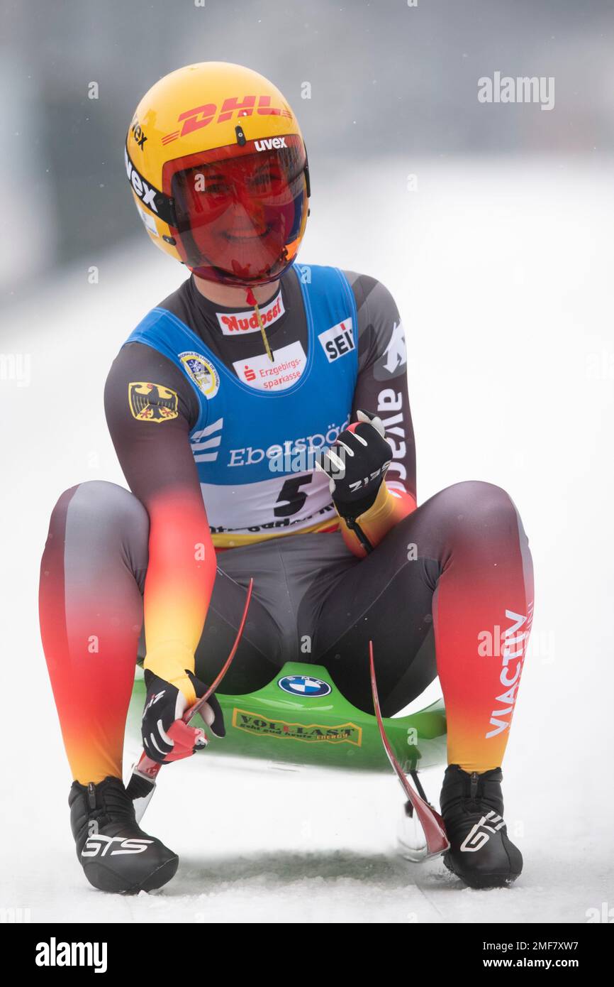 Julia Taubitz of Germany celebrates after winning the women's race at ...