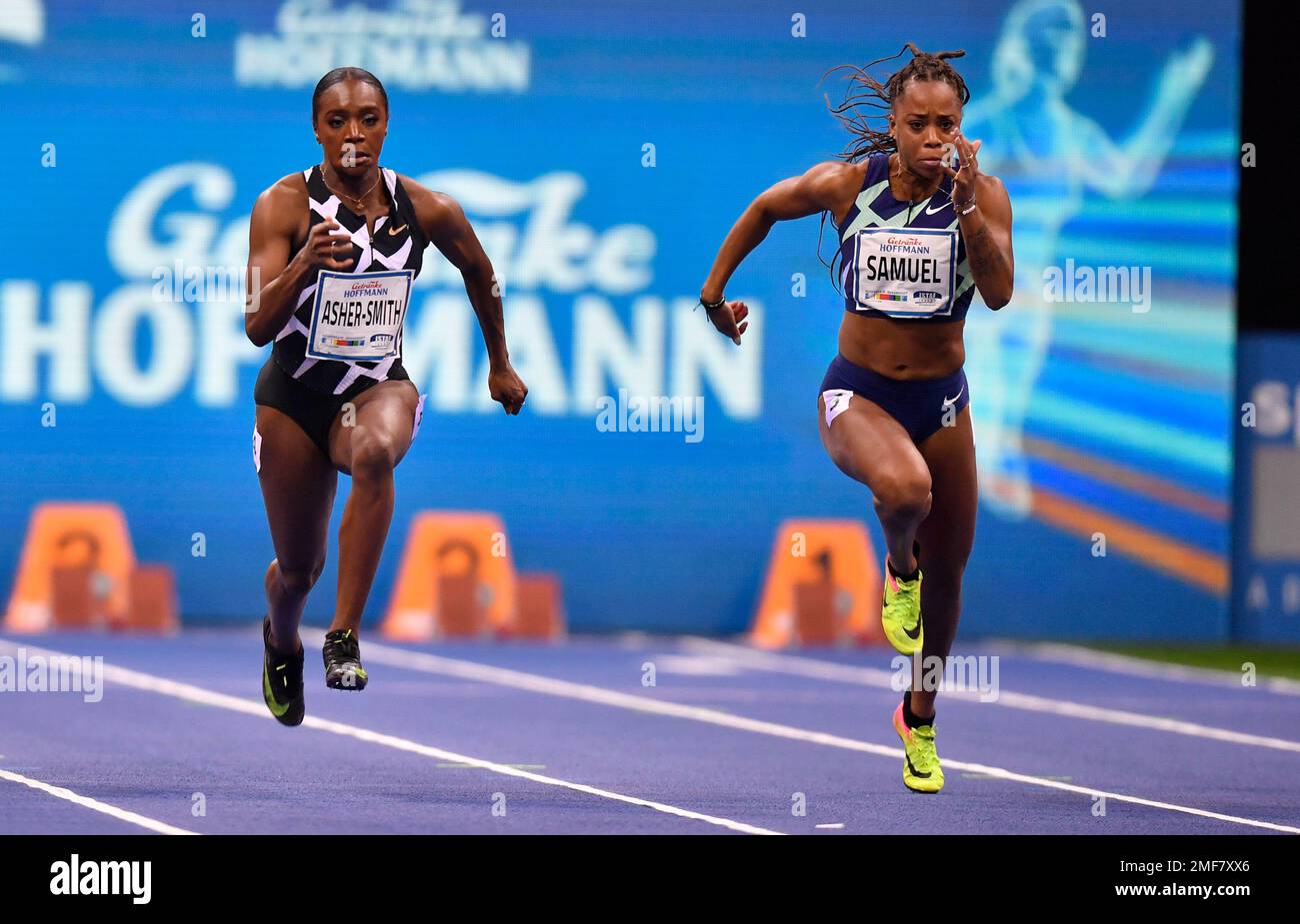 Britain's Dina Asher-Smith, left, and Jamile Samuel of the Netherlands ...