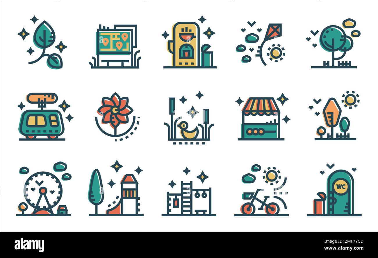 Public park icon set. Amusement attraction park elements collection ...