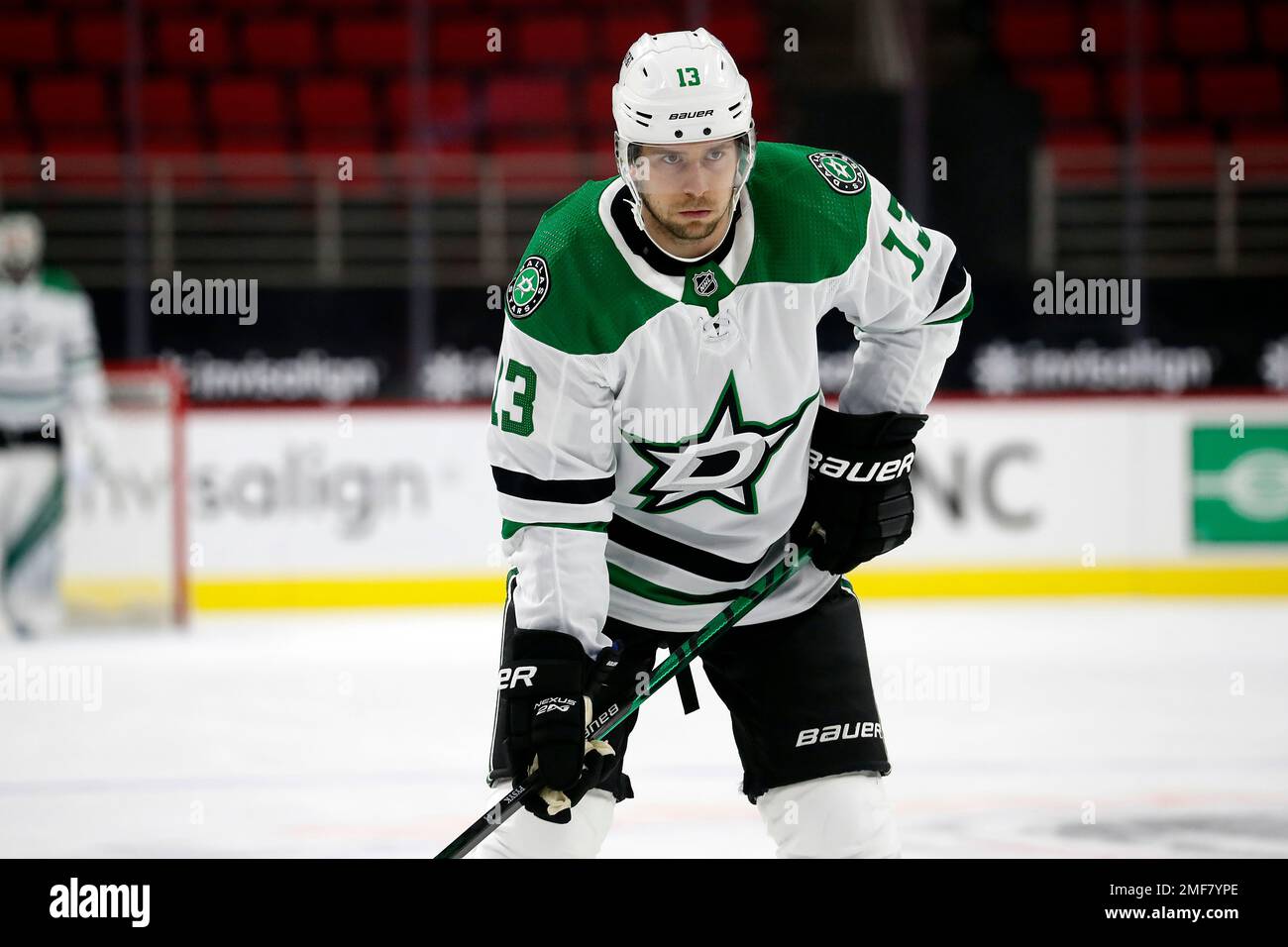 Dallas Stars' Mark Pysyk (13) waits for a face-off against the Carolina ...