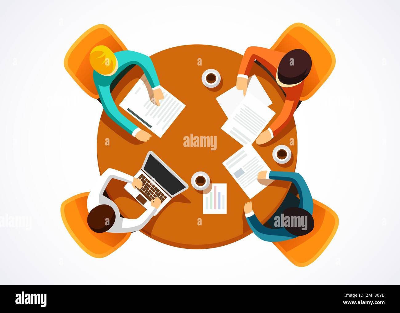 Team works together around a round table. Teamwork, brainstorming ... Team works together around a round table. Teamwork, brainstorming ...