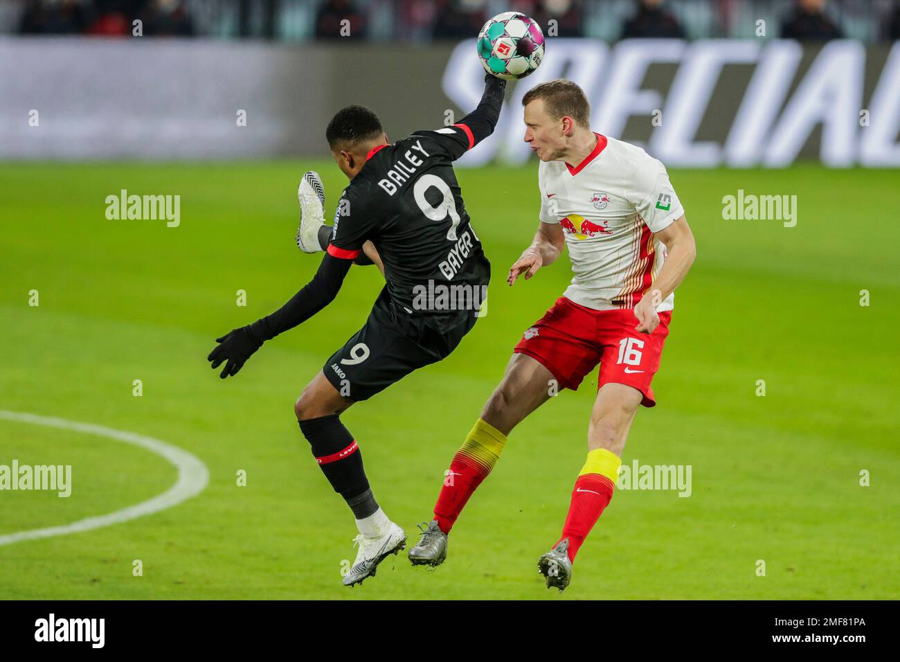 Leverkusen's Leon Bailey, left, and Leipzig's Lukas Klostermann ...
