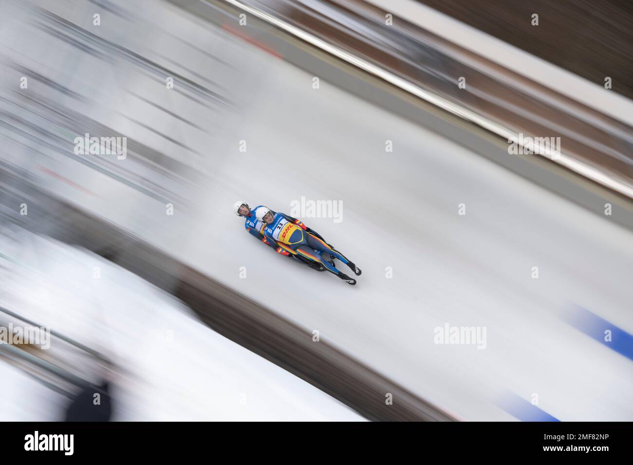 Ionut Siscanu and Iulian Oprea of Romania speed down the track during ...