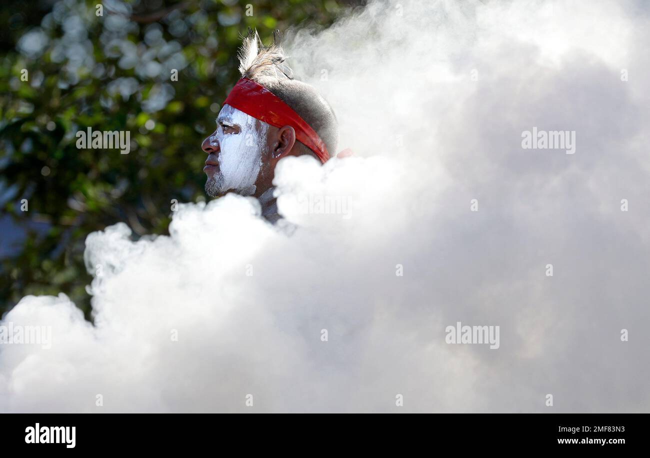 Russell Dawson of the Koomurri Aboriginal Dancers participates in a ...
