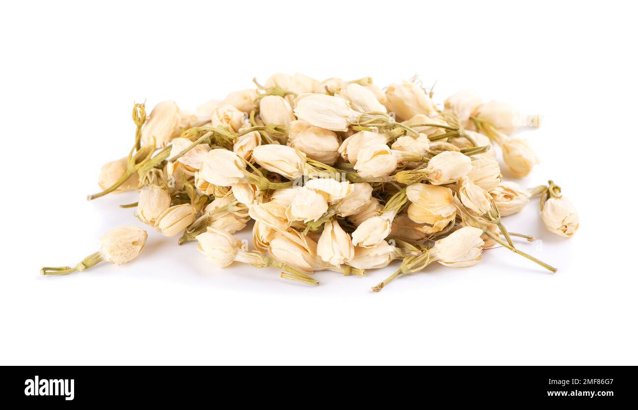 Dry jasmine flowers isolated on white background. Jasmine flowers tea ...