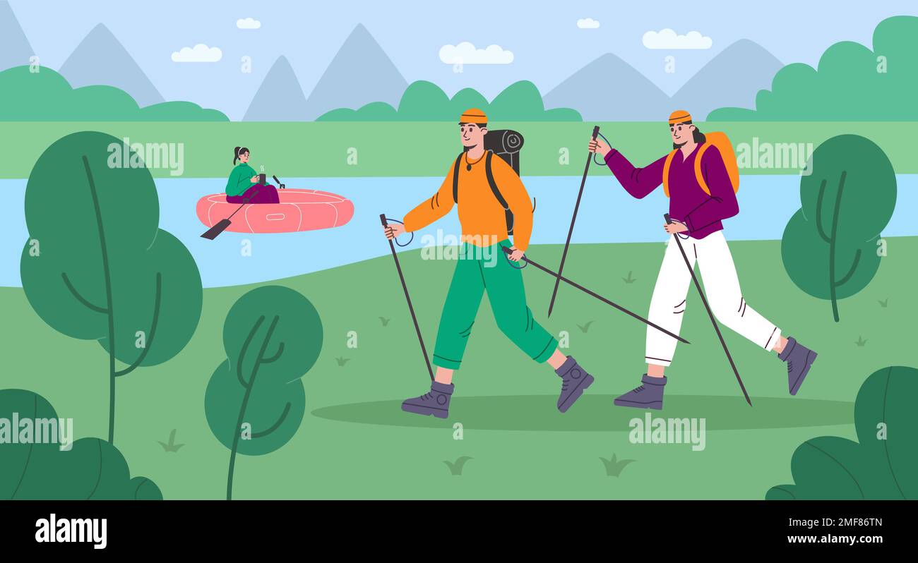 Cartoon people hike. Happy tourists engaged in Scandinavian walking ...