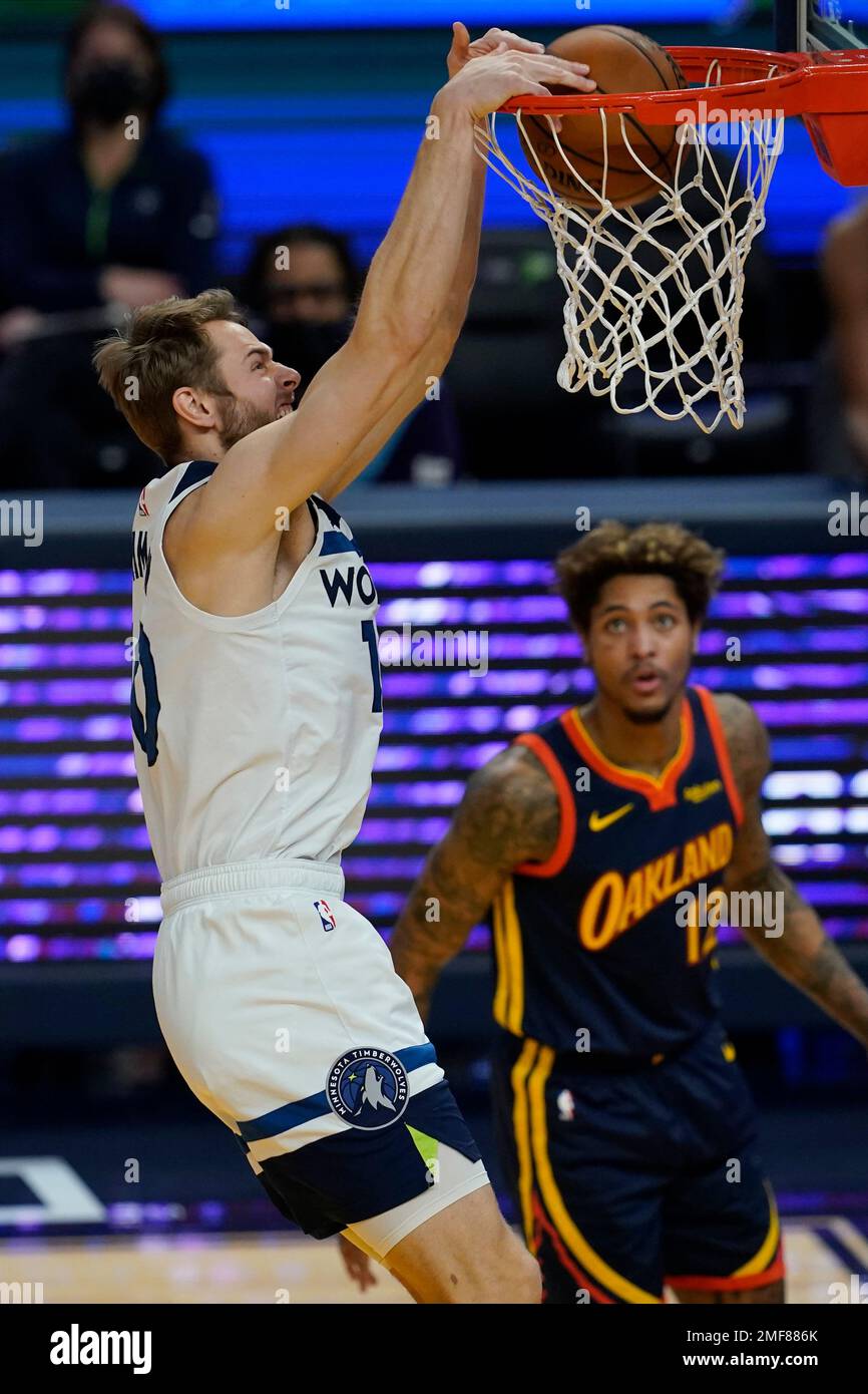 Minnesota Timberwolves forward Jake Layman dunks against the Golden ...