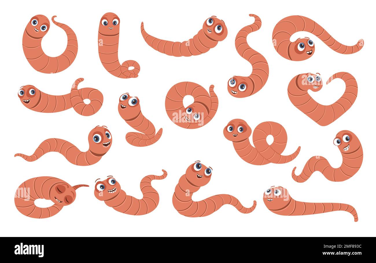 Cartoon funny soil worms. Earthworm poses. Useful garden inhabitant ...
