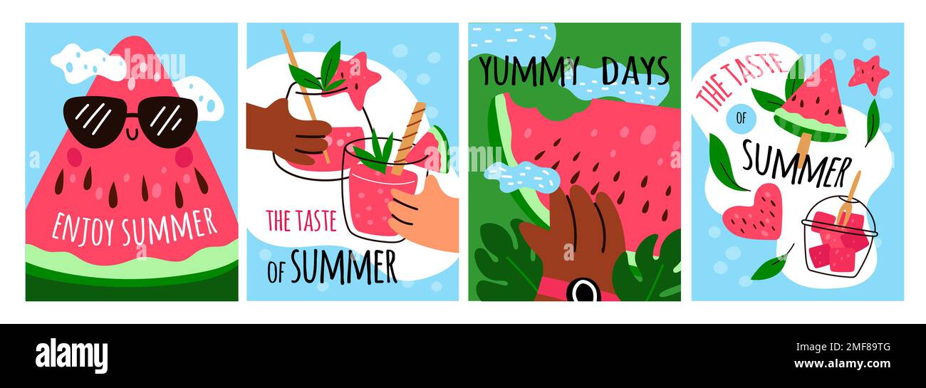 Cute watermelons cards. Bright summer posters. Juicy fruit. Funny tasty ...