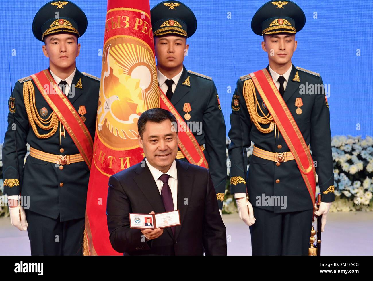The new Kyrgyzstan President Sadyr Zhaparov shows the certificate of ...