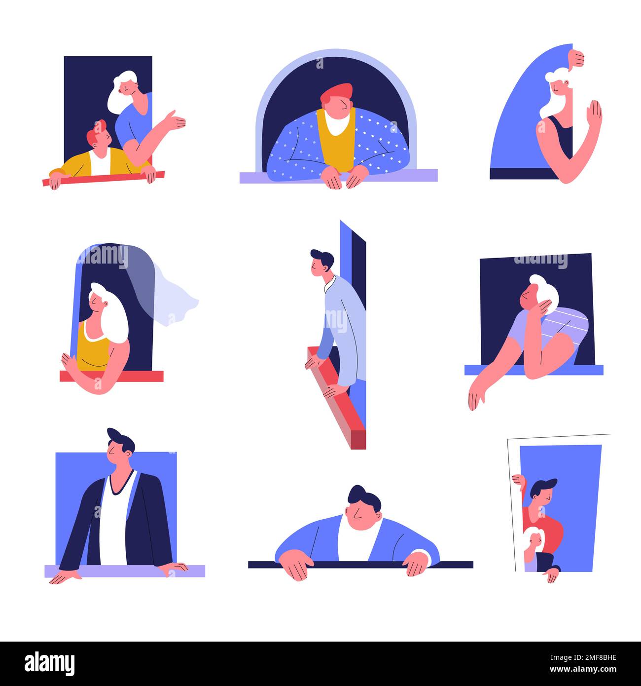 People in window men and women curtain and windowsill isolated icons ...