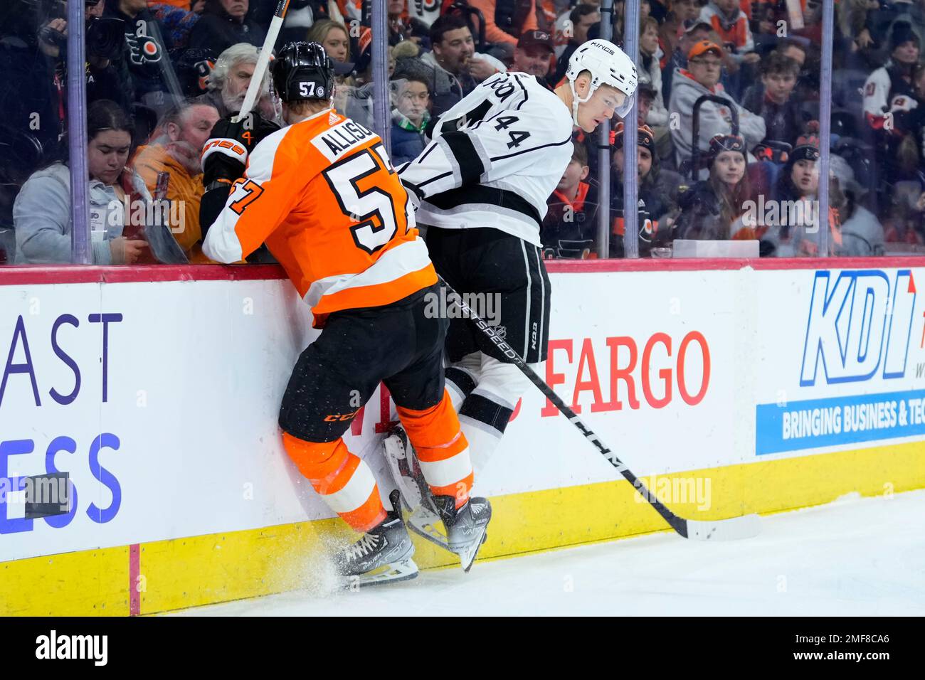 Philadelphia Flyers' Wade Allison, left, and Los Angeles Kings' Mikey ...