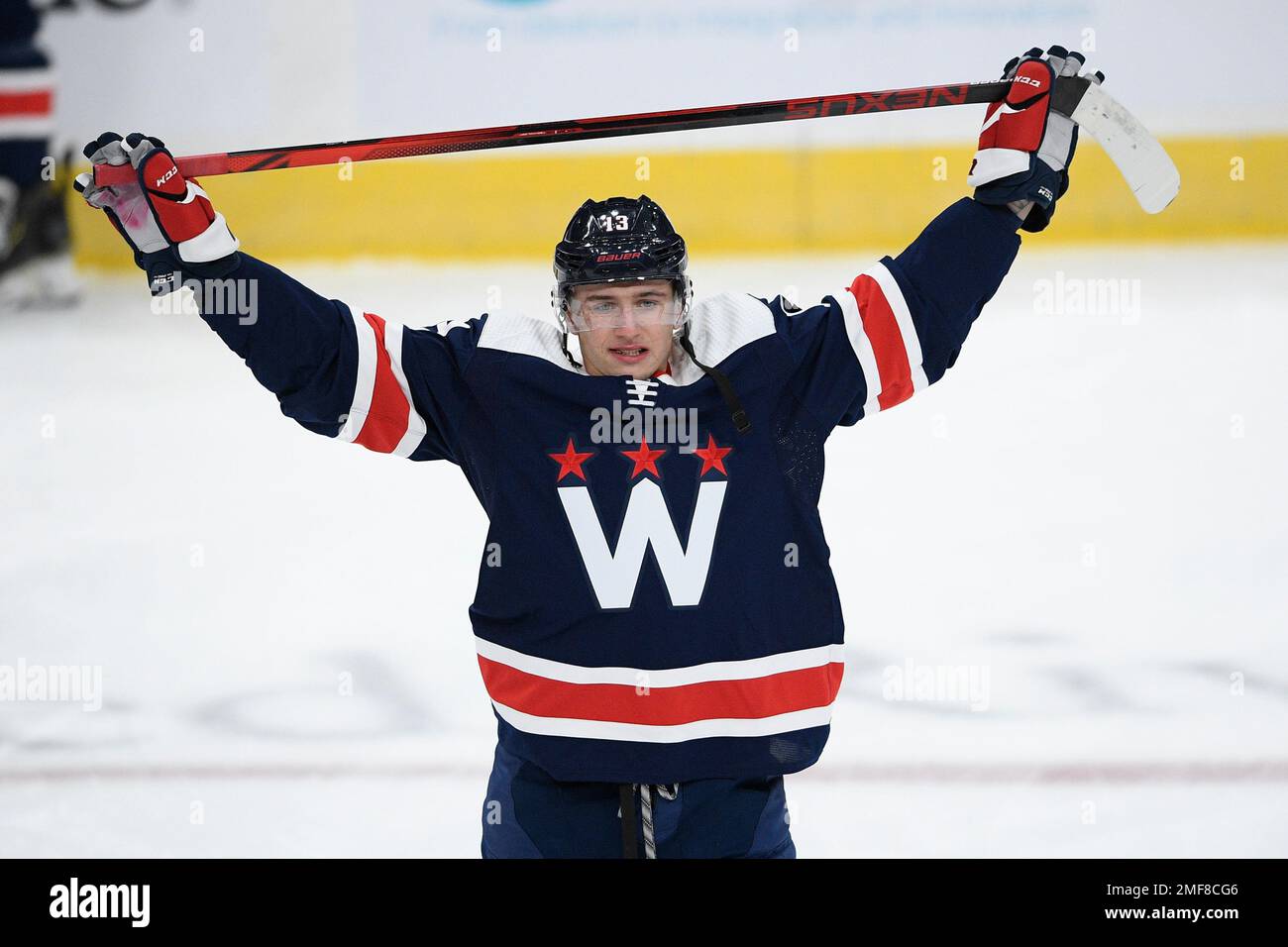 Washington Capitals left wing Jakub Vrana (13) warms up before an NHL ...
