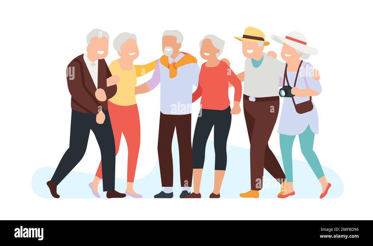 Elderly people standing together. Happy mature friends. Retired men and ...