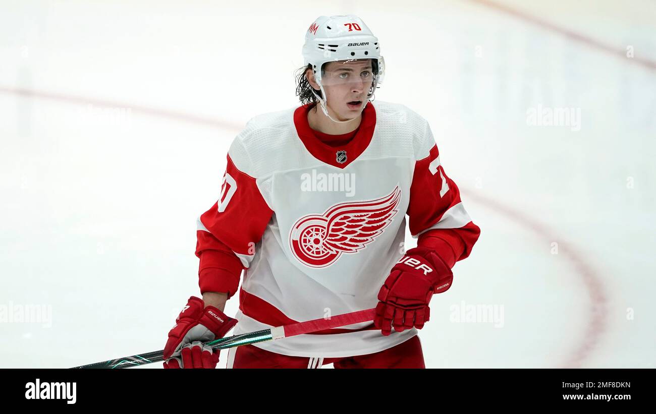 Detroit Red Wings defenseman Troy Stecher (70) watches play against the ...