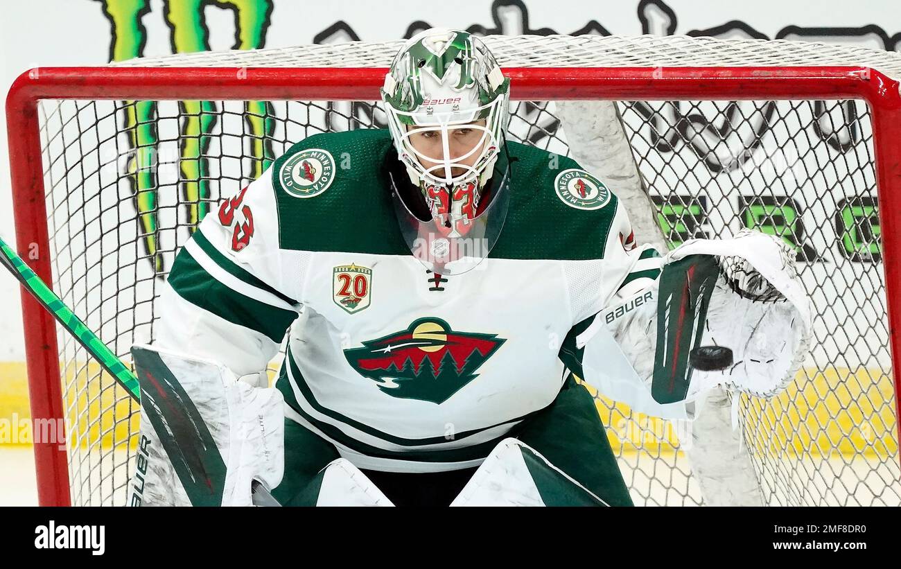 Minnesota Wild goaltender Cam Talbot warms up before an NHL hockey game ...