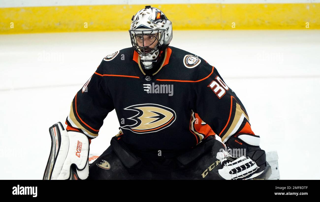 Anaheim Ducks goaltender Ryan Miller warms up before an NHL hockey game ...