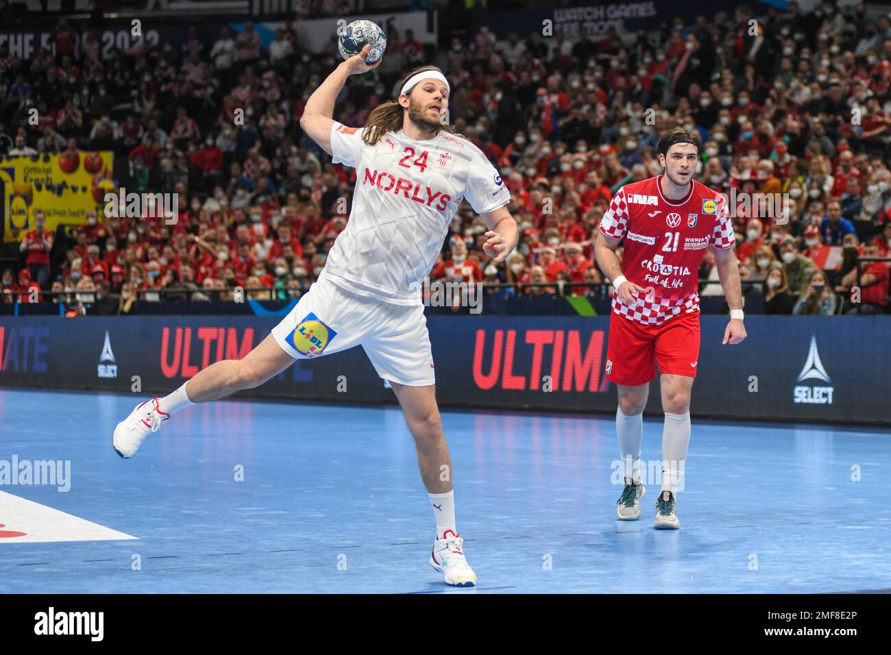 Mikkel Hansen (Denmark) against Croatia. EHF Euro 2022. Semifinals ...