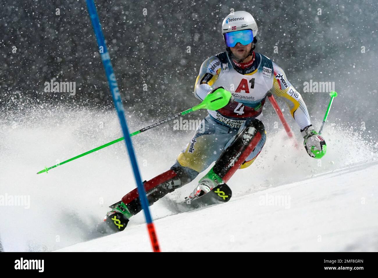 Norway's Sebastian Foss Solevaag speeds down the course during an alpine ski, men's World Cup ...