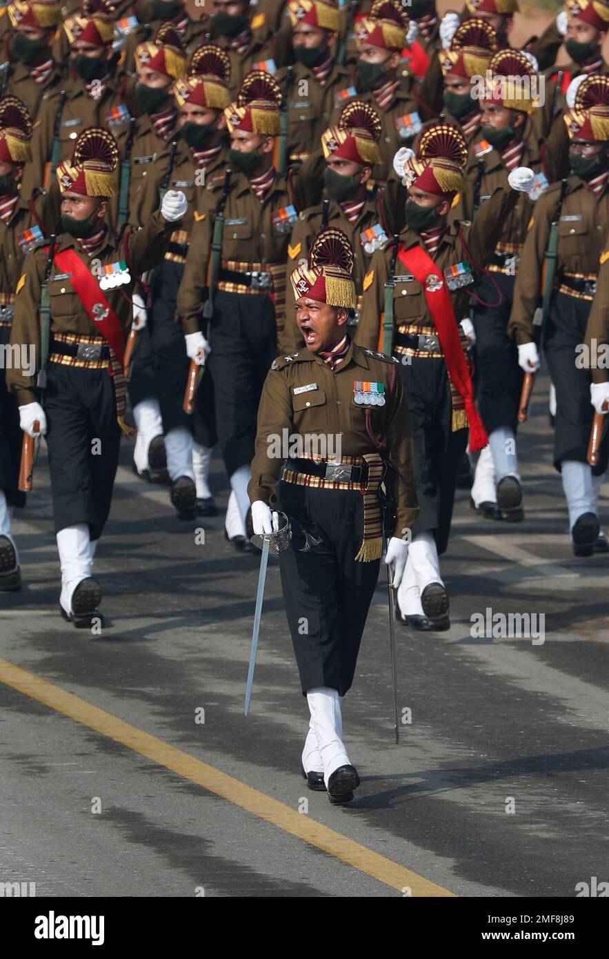 Indian army soldiers march through the ceremonial Rajpath boulevard ...