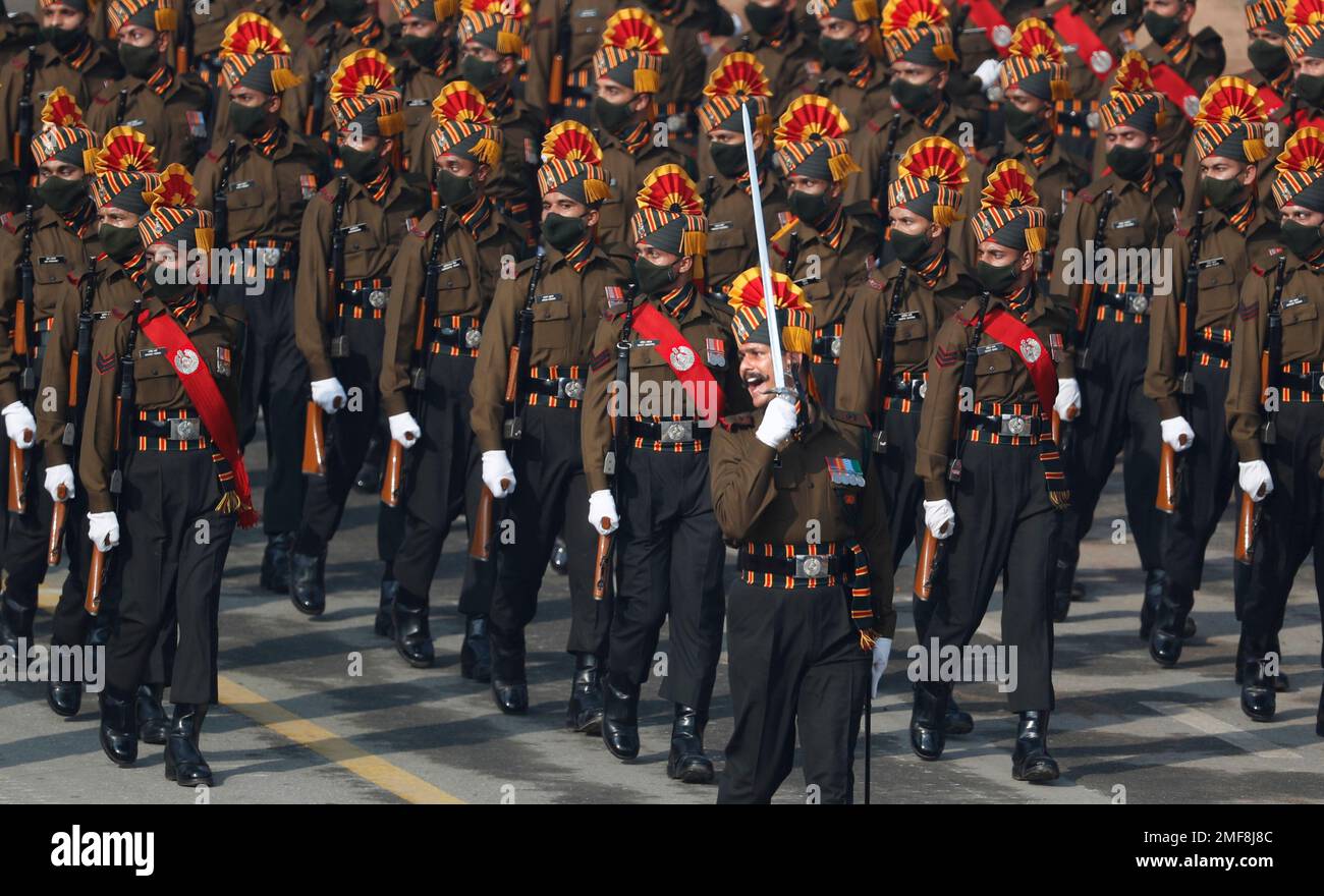 Indian army soldiers march through the ceremonial Rajpath boulevard ...