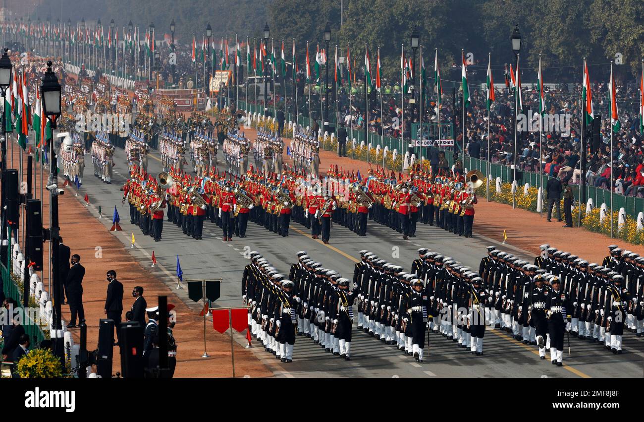 Indian army soldiers march through the ceremonial Rajpath boulevard ...