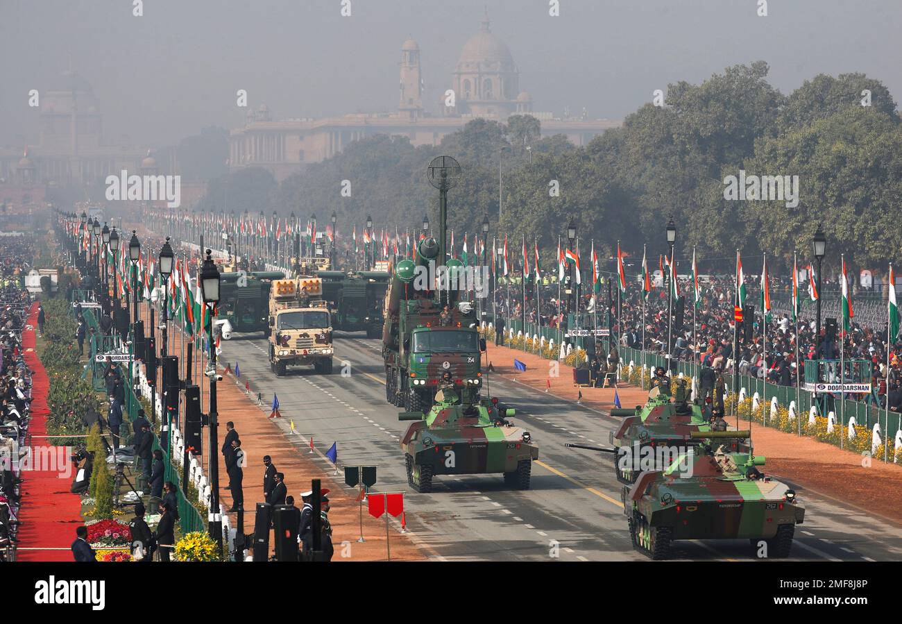Battle tanks move through the ceremonial Rajpath boulevard during India ...