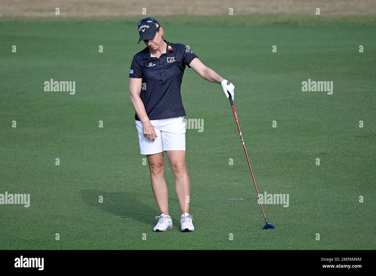 Annika Sorenstam, of Sweden, reacts after hitting from the 17th fairway ...