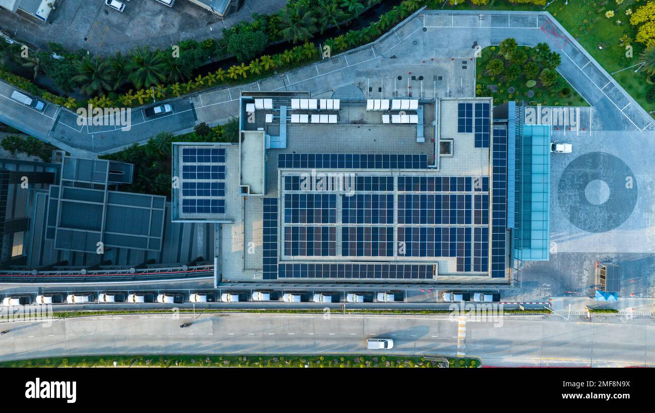 Top view of blue solar photo voltaic panels system on high apartment ...