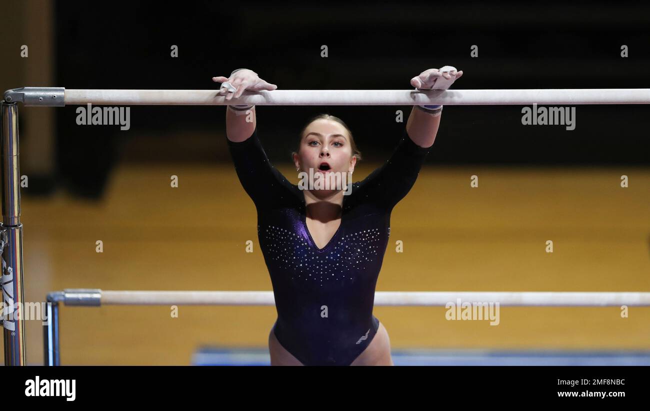 Washington's Morgan Bowles competes on the uneven bars during an NCAA ...