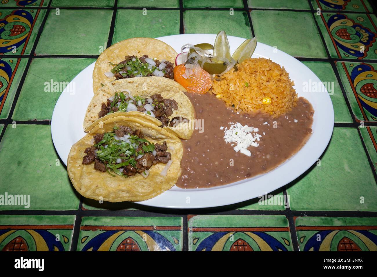 A delicious taco plate with rice and beans on the side Stock Photo - Alamy