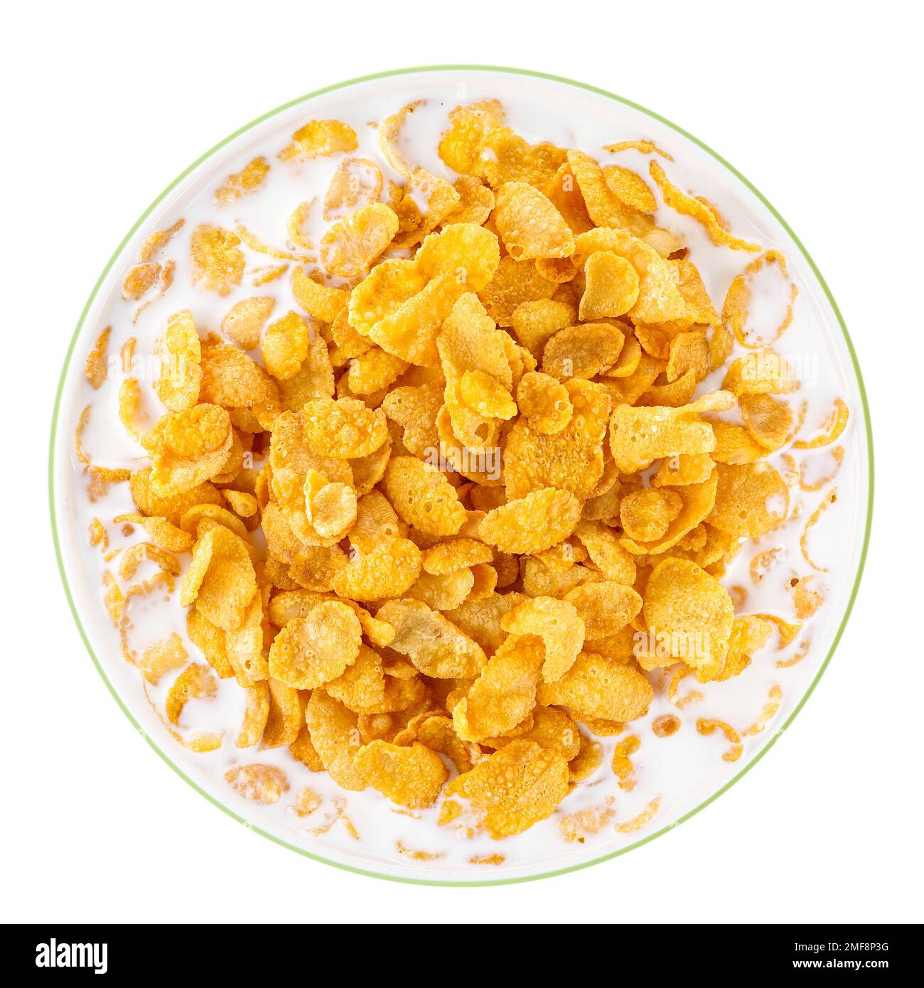 Bowl of sweet cornflakes with milk isolated on white background, top ...