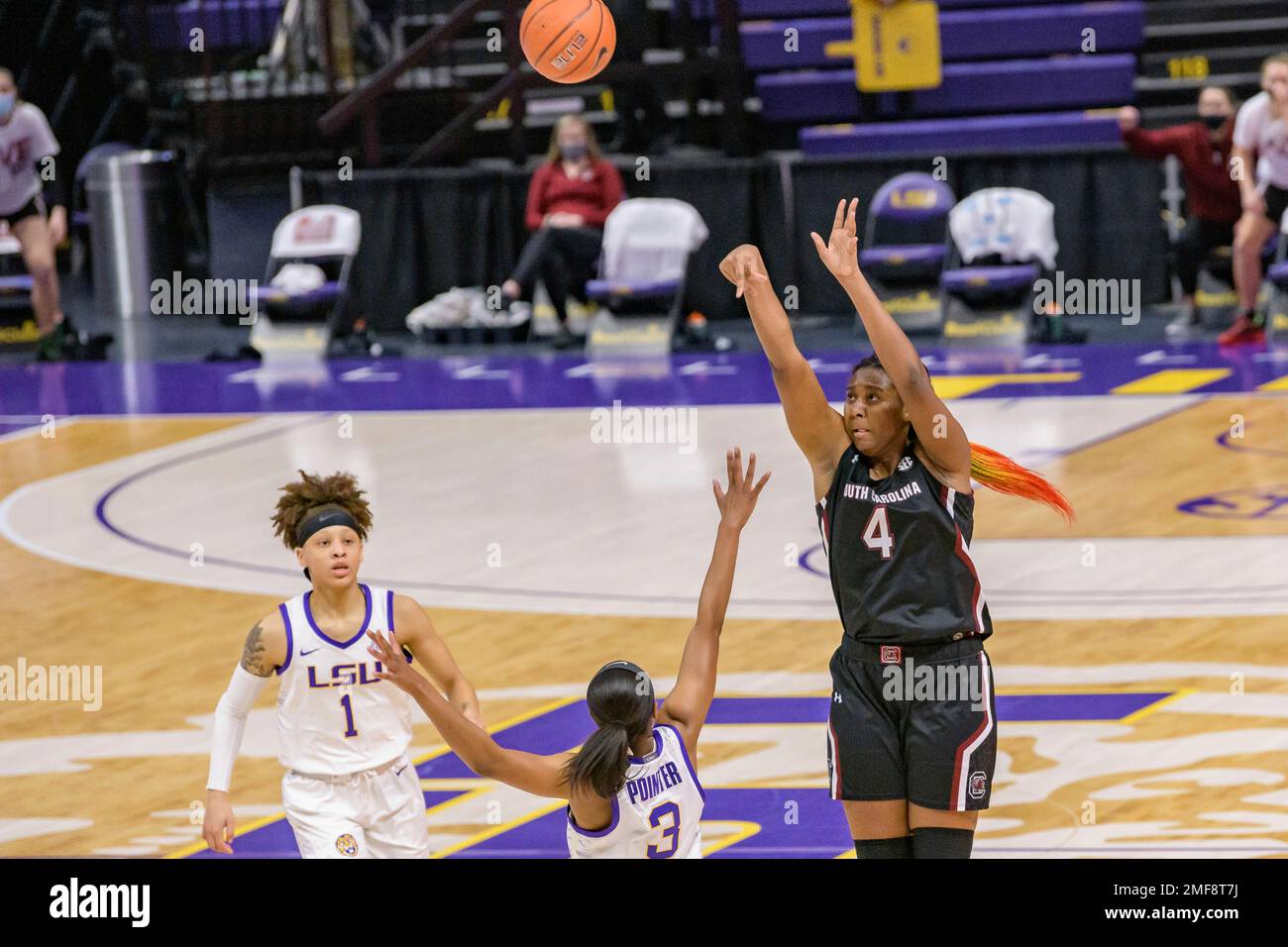 South Carolina forward Aliyah Boston (4) shoots over LSU guard Khayla ...