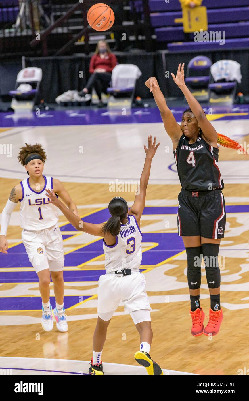 South Carolina forward Aliyah Boston (4) shoots over LSU guard Khayla ...