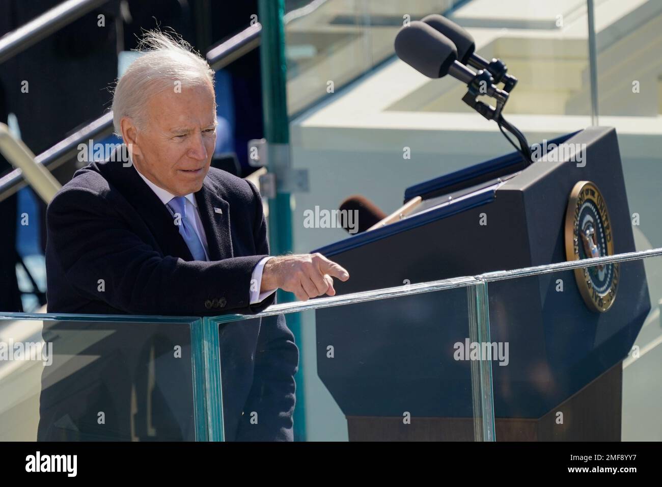 President Joe Biden points to the crowd after speaking during the 59th ...