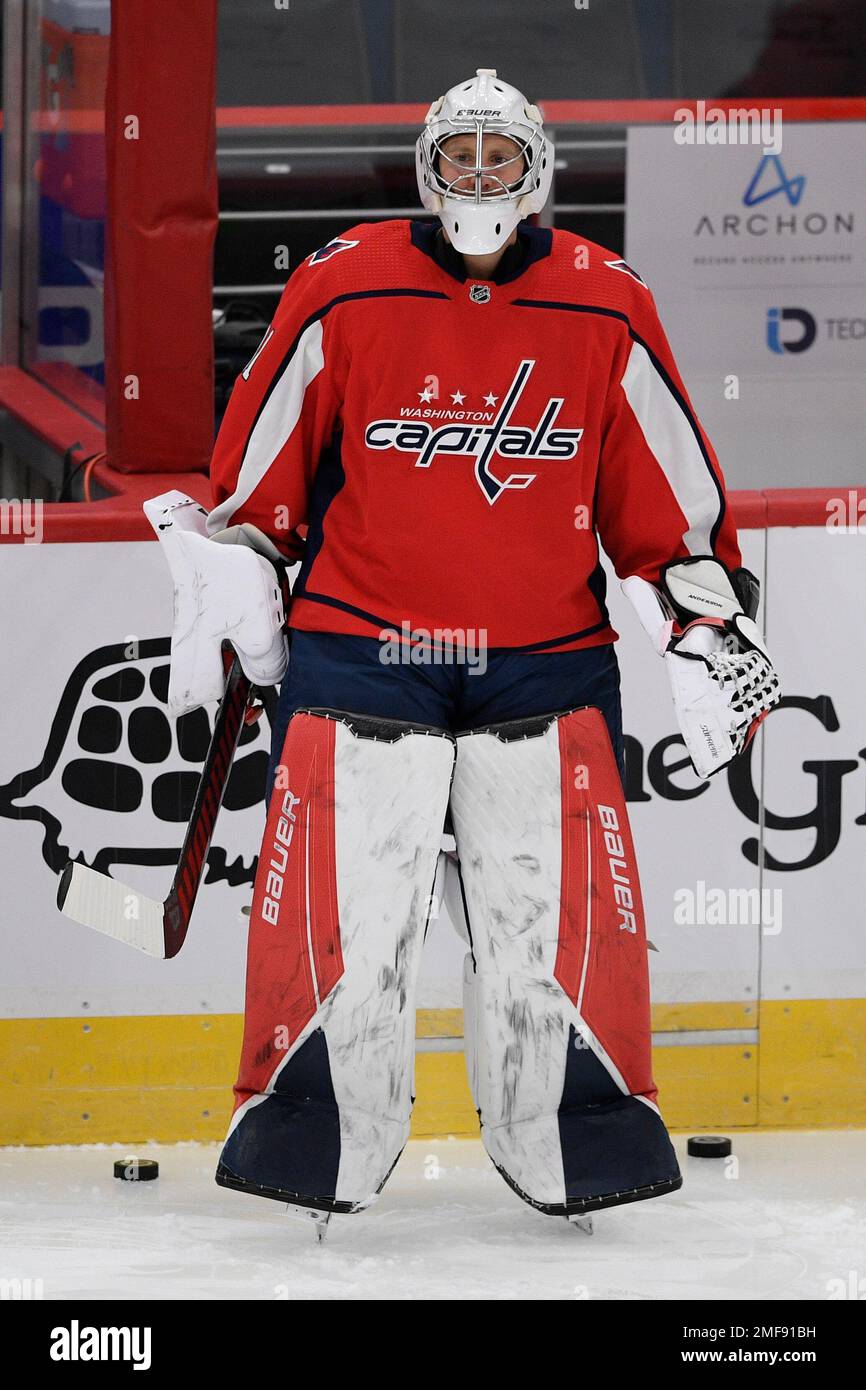 Washington Capitals goaltender Craig Anderson (31) stands on the ice ...