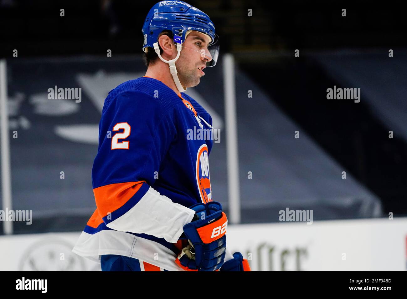 New York Islanders' Nick Leddy (2) warms up before an NHL hockey game ...