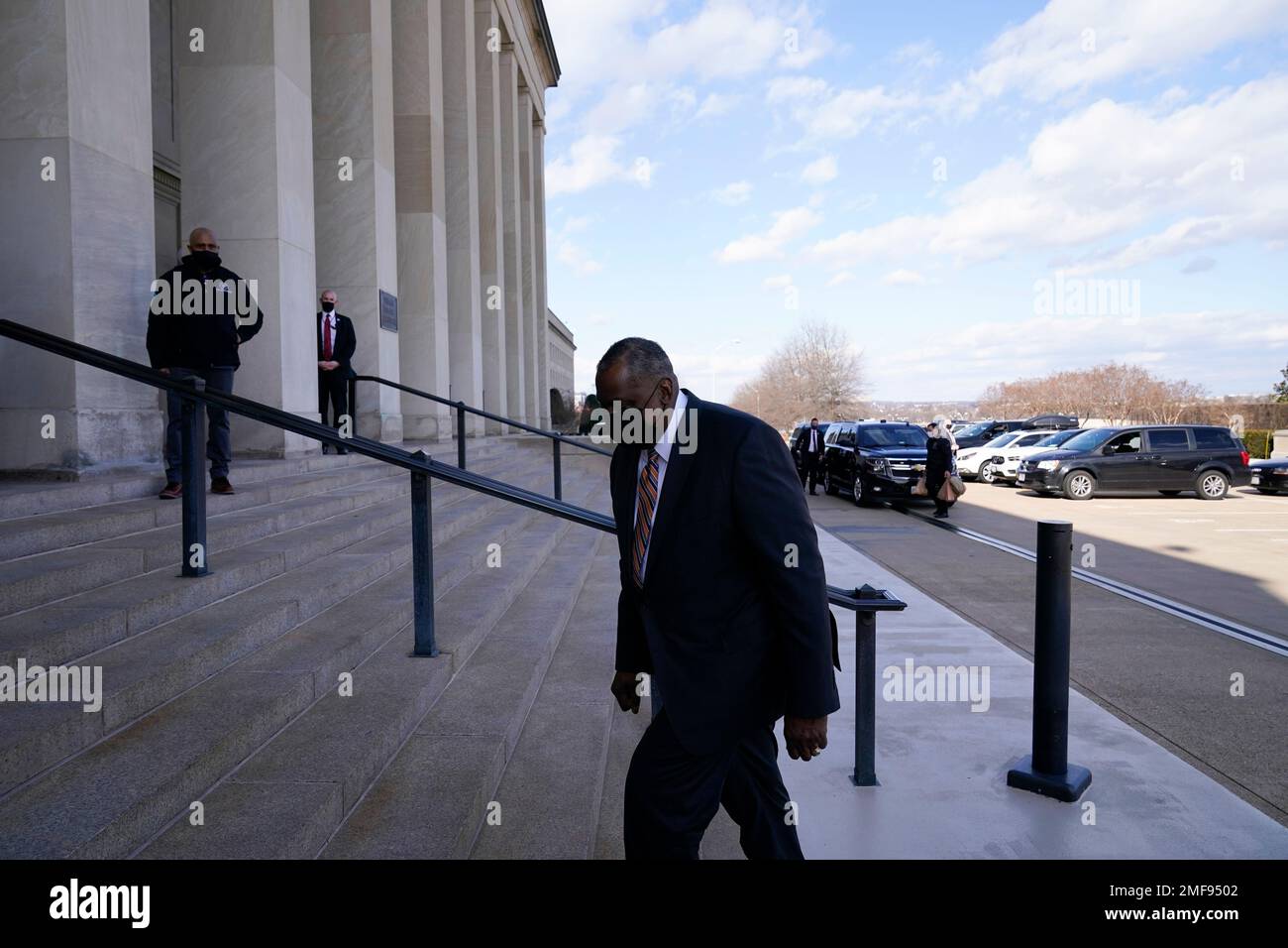 Defense Secretary Lloyd Austin arrives at the Pentagon, Friday, Jan. 22 ...