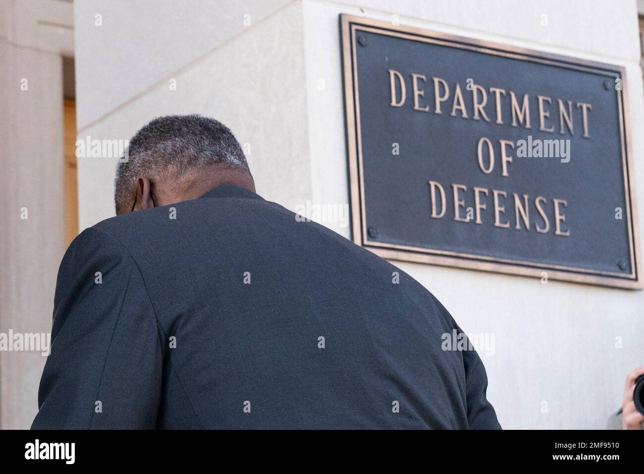 Defense Secretary Lloyd Austin arrives at the Pentagon, Friday, Jan. 22 ...