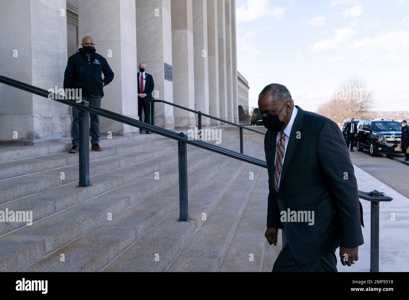 Defense Secretary Lloyd Austin arrives at the Pentagon, Friday, Jan. 22 ...