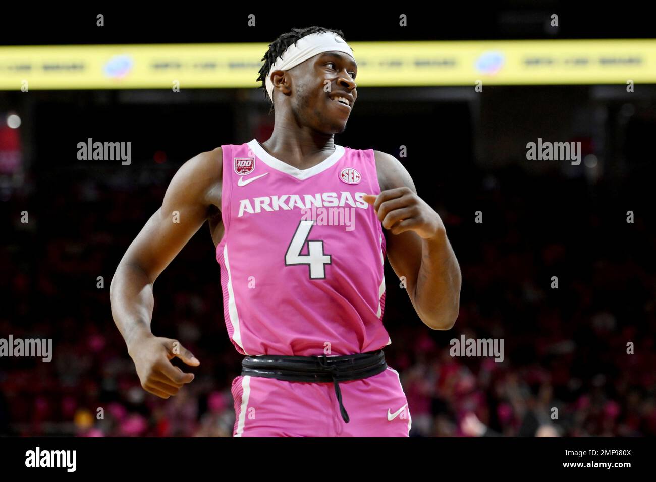 Arkansas guard Davonte Davis reacts after hitting a 3-point shot against LSU during the first ...