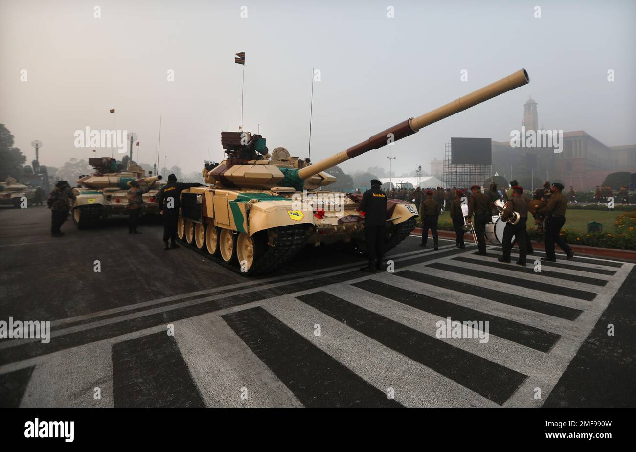 Indian army tanks roll out during rehearsals for the upcoming Republic ...