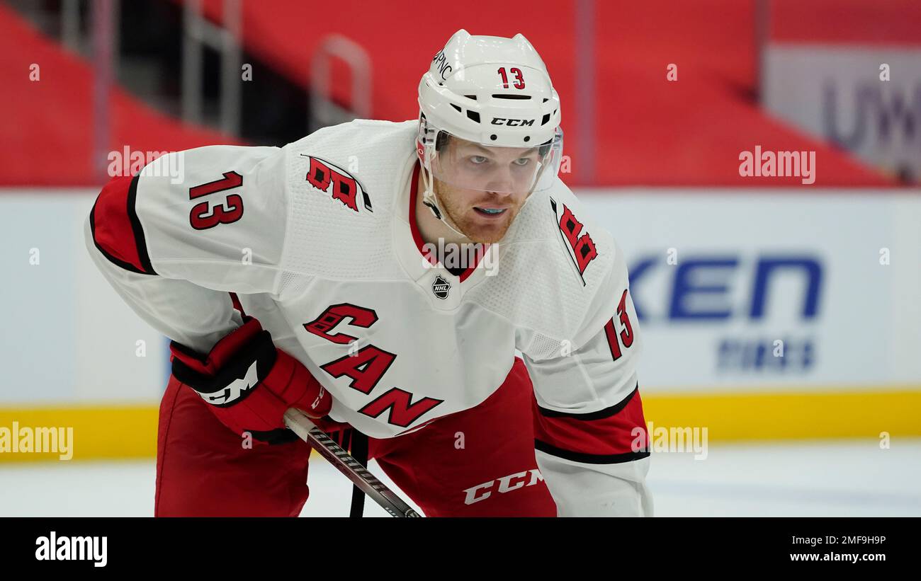 Carolina Hurricanes left wing Warren Foegele (13) plays against the ...