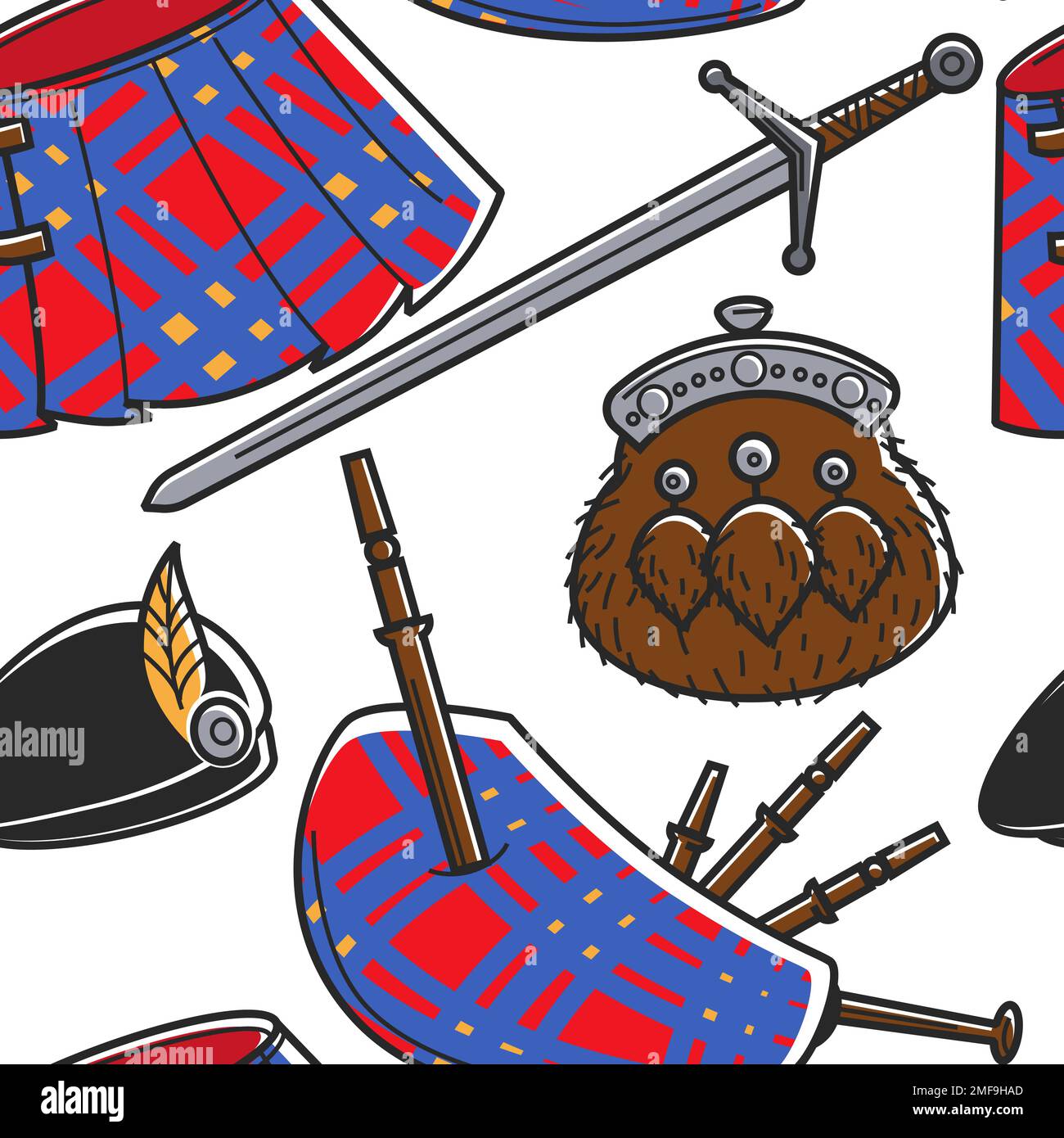 Scottish national outfit elements seamless pattern travel to Scotland ...